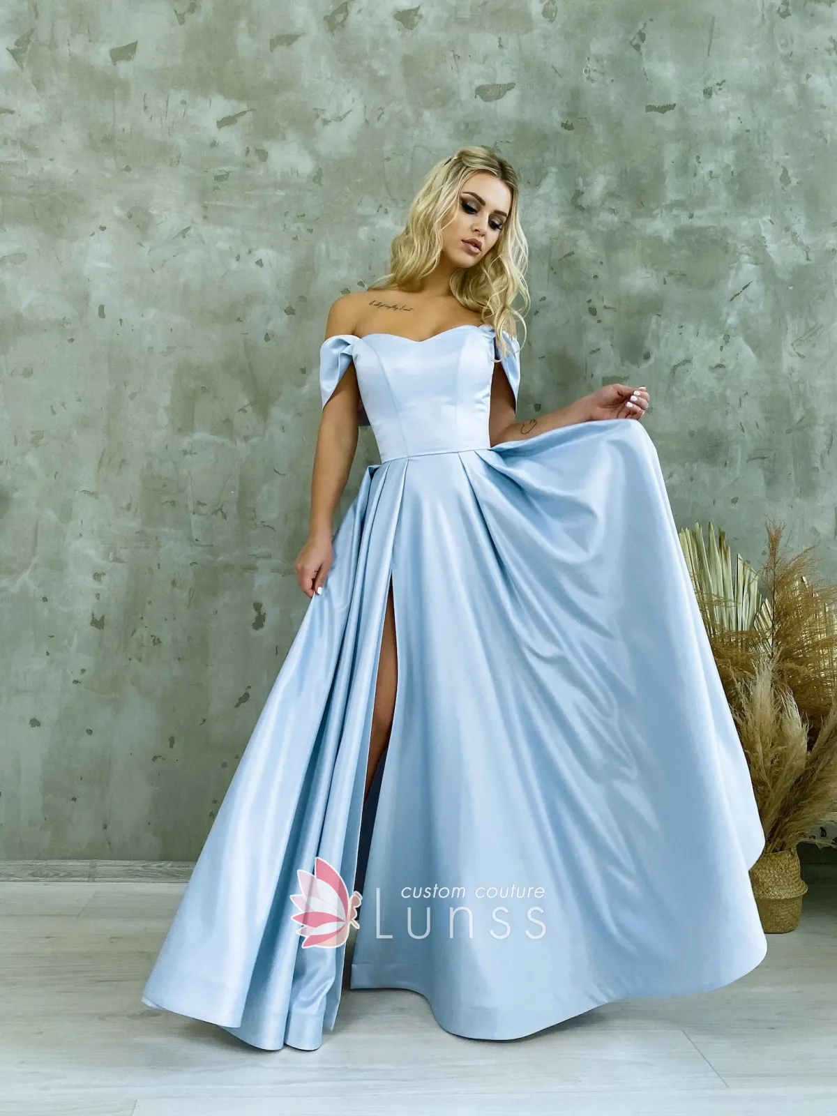 Fancy Sky Blue Satin Off-the-shoulder Slit Prom Dress - Lunss