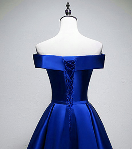 Satin Feel Royal Blue, Low and High, Off Shoulder Dress - Lunss