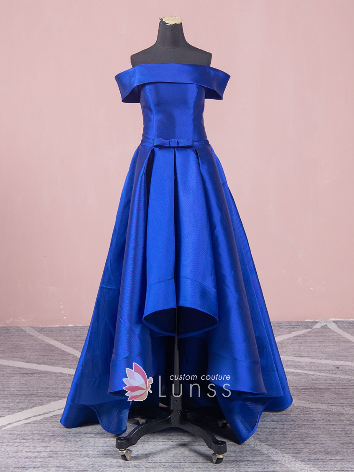 Satin Feel Royal Blue, Low and High, Off Shoulder Dress - Lunss