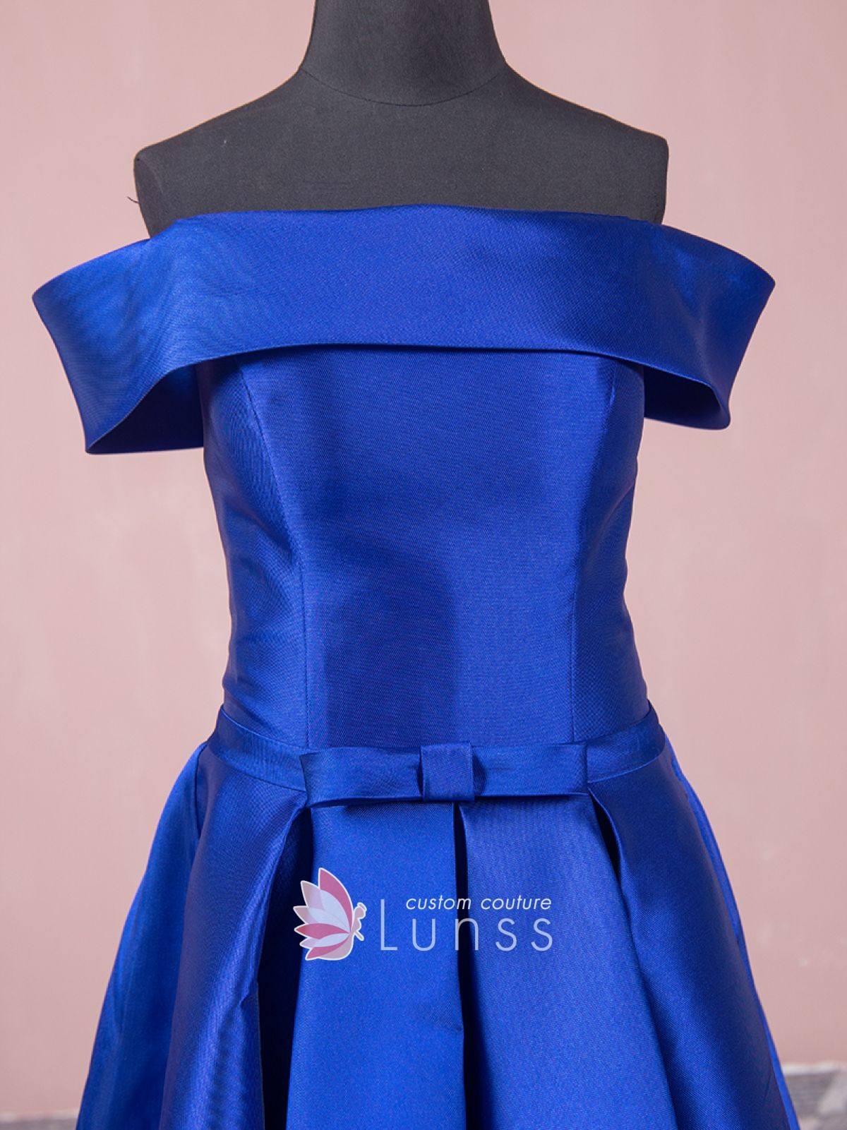 Satin Feel Royal Blue, Low and High, Off Shoulder Dress - Lunss