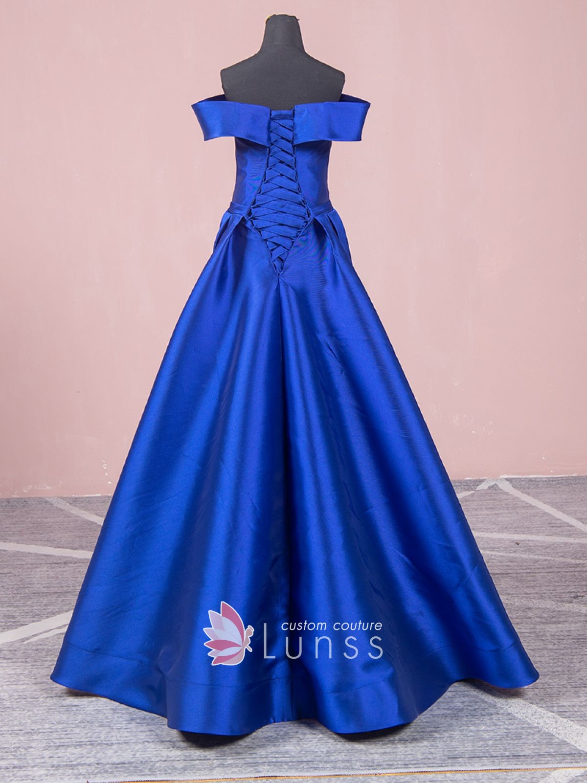 Satin Feel Royal Blue, Low and High, Off Shoulder Dress - Lunss