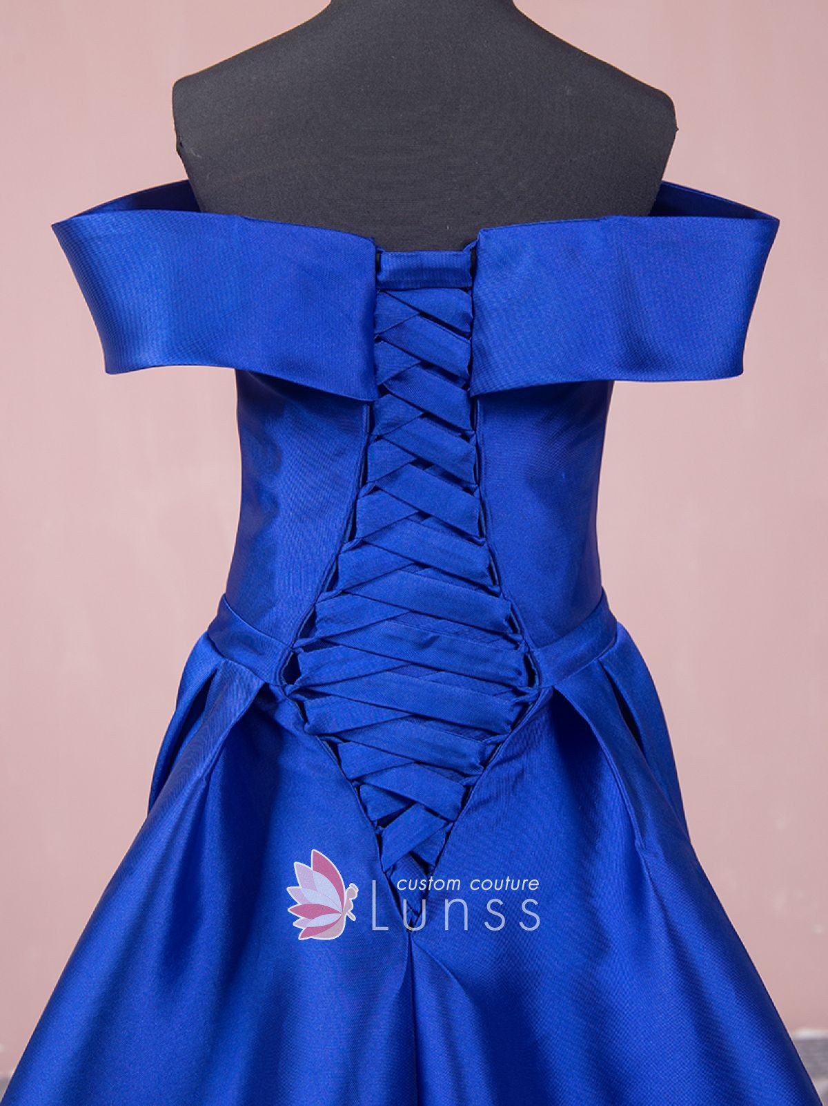 Satin Feel Royal Blue, Low and High, Off Shoulder Dress - Lunss