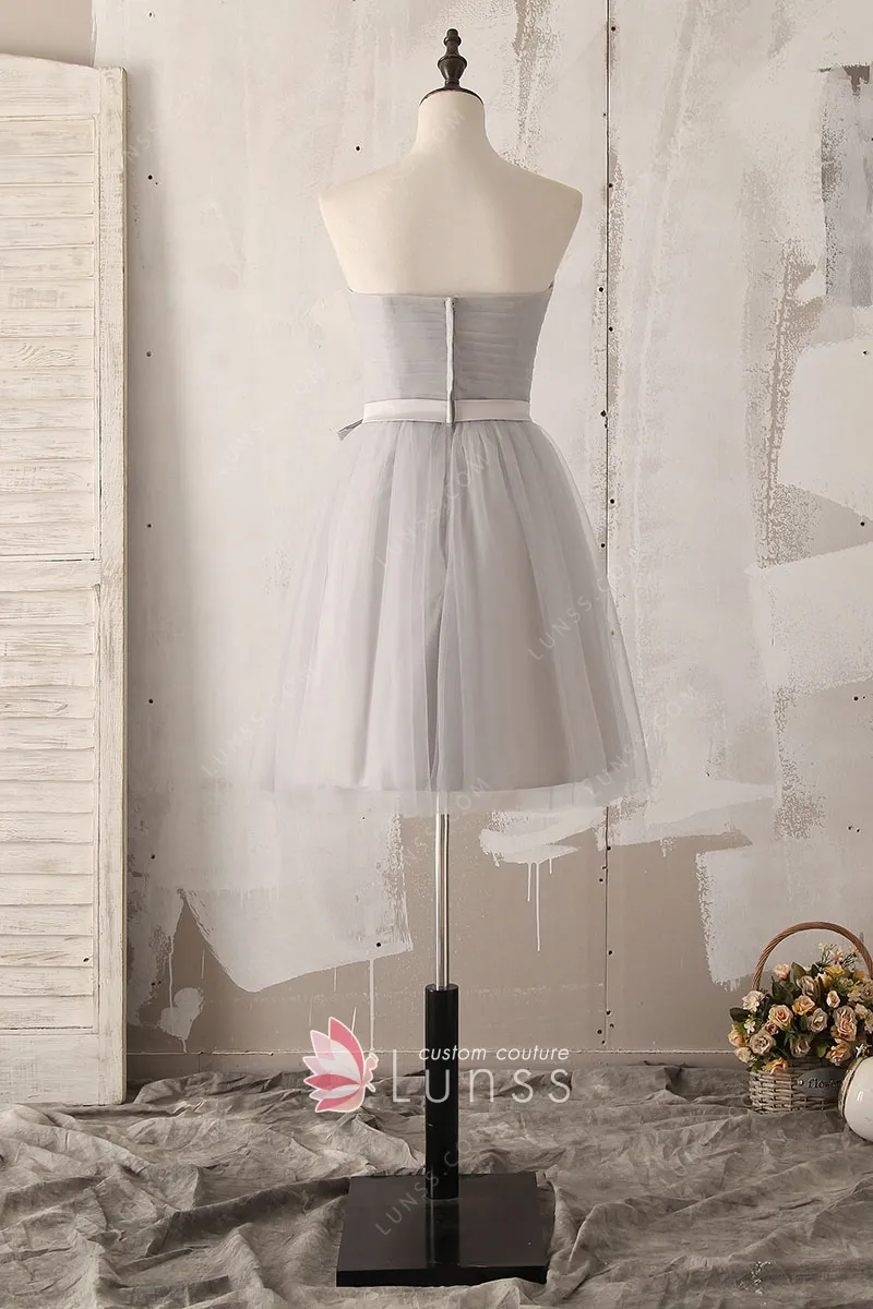 Tulle Overlay Grey Chiffon Short Bridesmaid Dress - Lunss