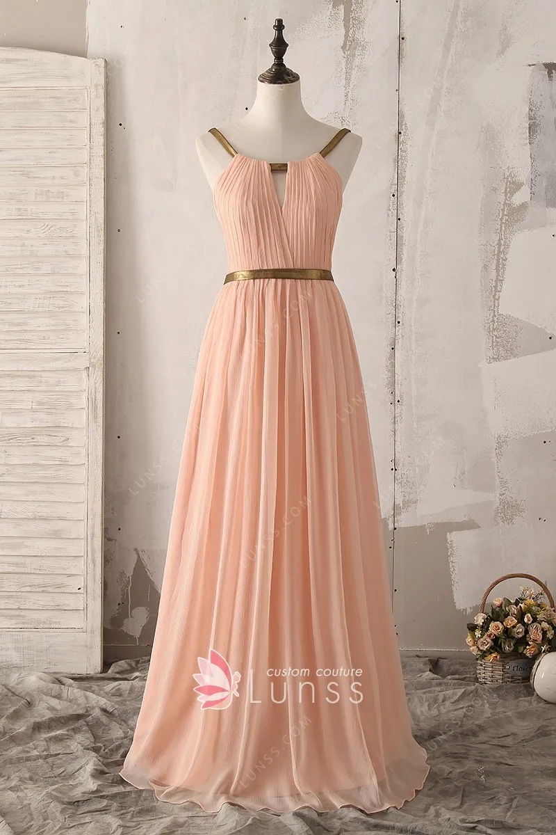 Gold Strap Shirred Peach Chiffon A-line Bridesmaid Dress - Lunss