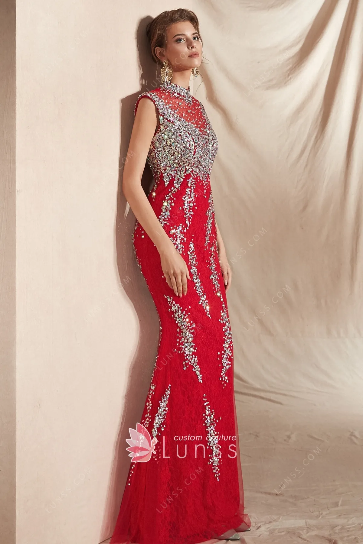 Luxury Beaded Crystal Red Lace Mermaid Prom Formal Dress - Lunss