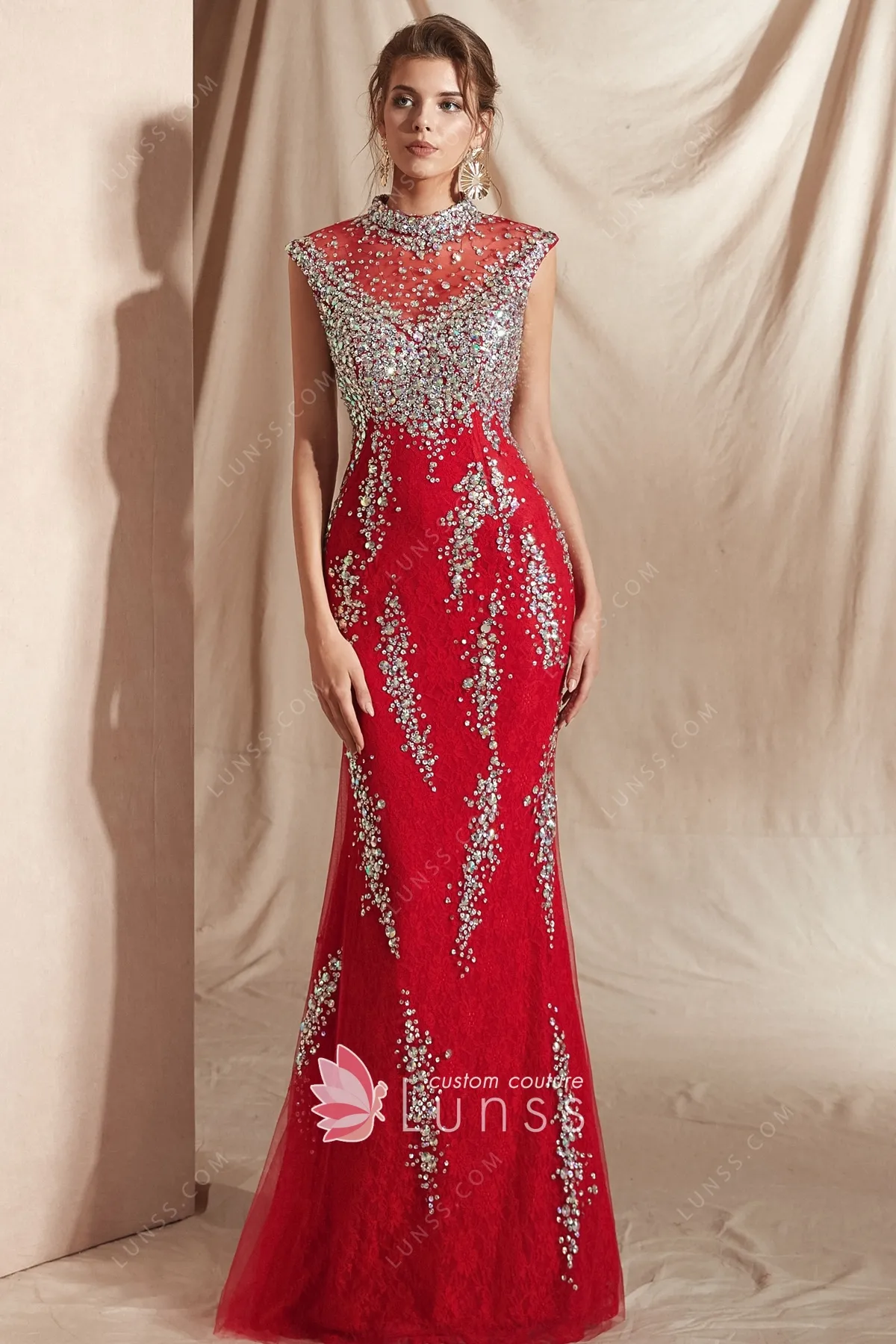 Luxury Beaded Crystal Red Lace Mermaid Prom Formal Dress - Lunss
