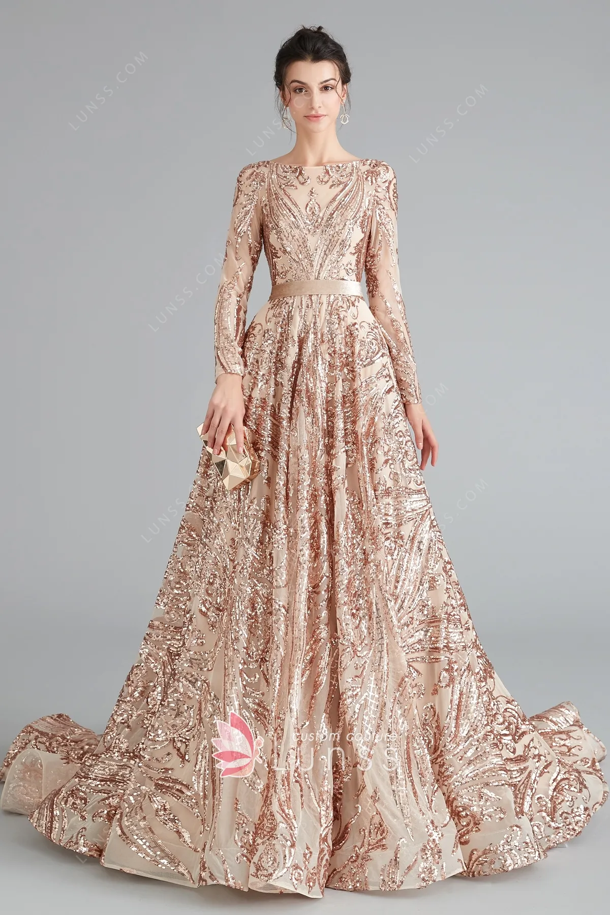 Champagne Gold Geometric Design Sequin Long Prom Dress - Lunss