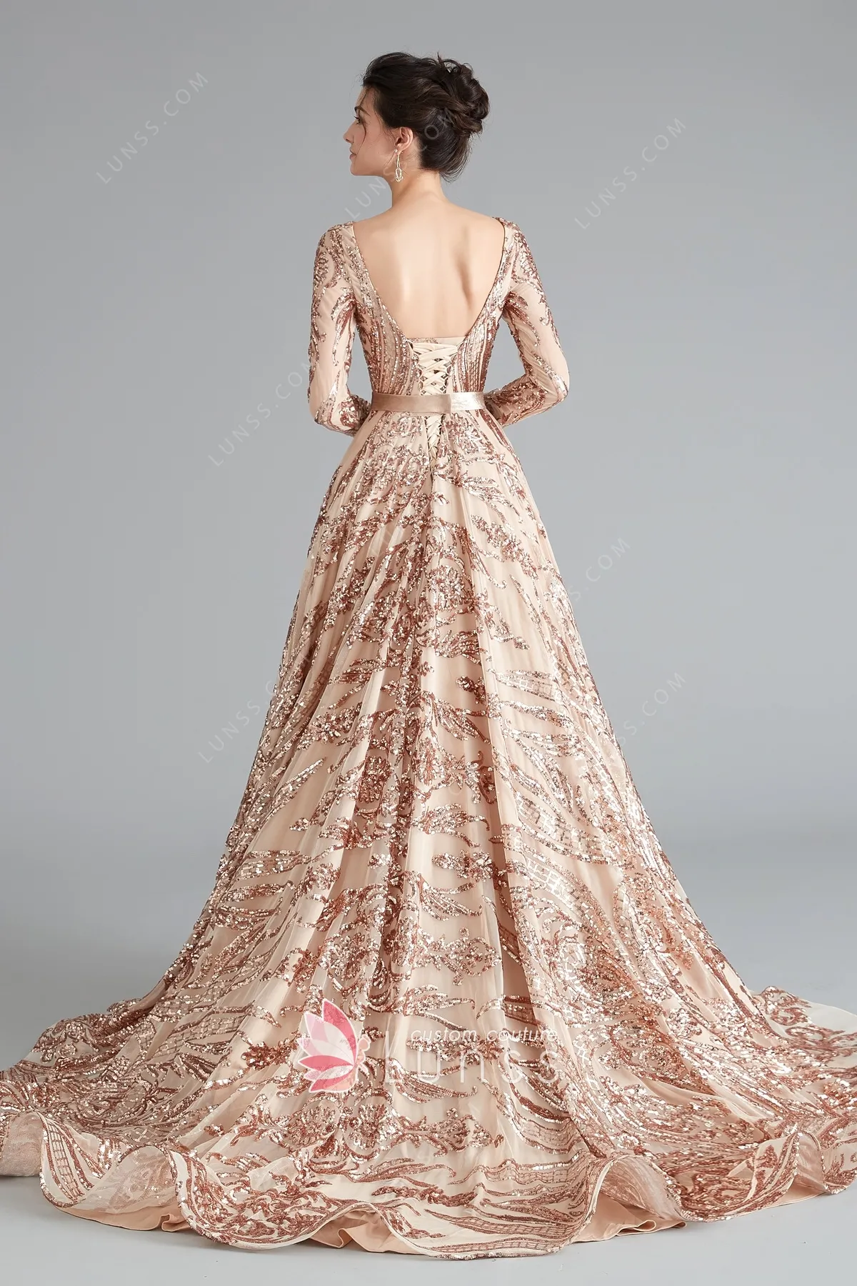 Champagne Gold Geometric Design Sequin Long Prom Dress - Lunss