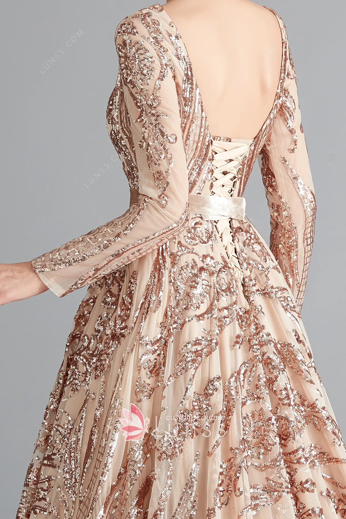 Champagne Gold Geometric Design Sequin Long Prom Dress - Lunss