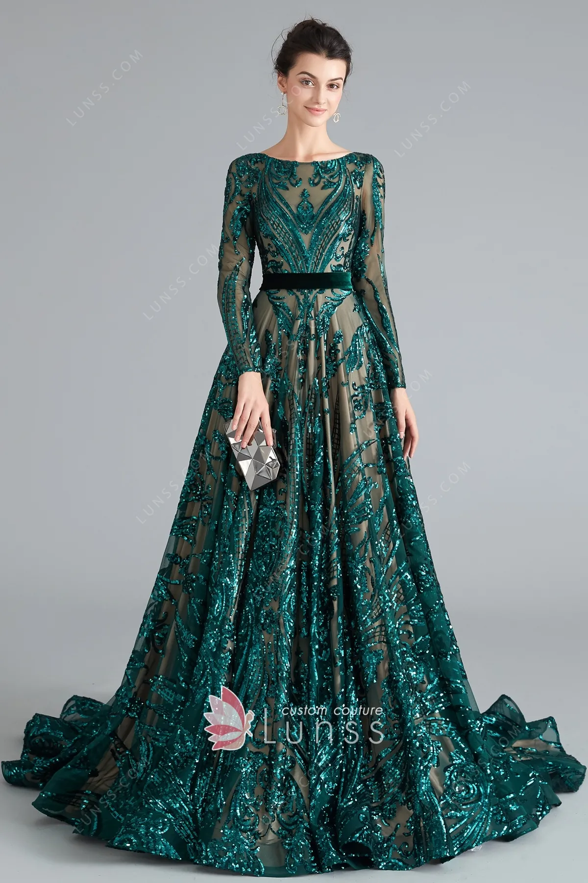Elegant Emerald Green Sequin Long Formal Dresses Sparkly - Lunss