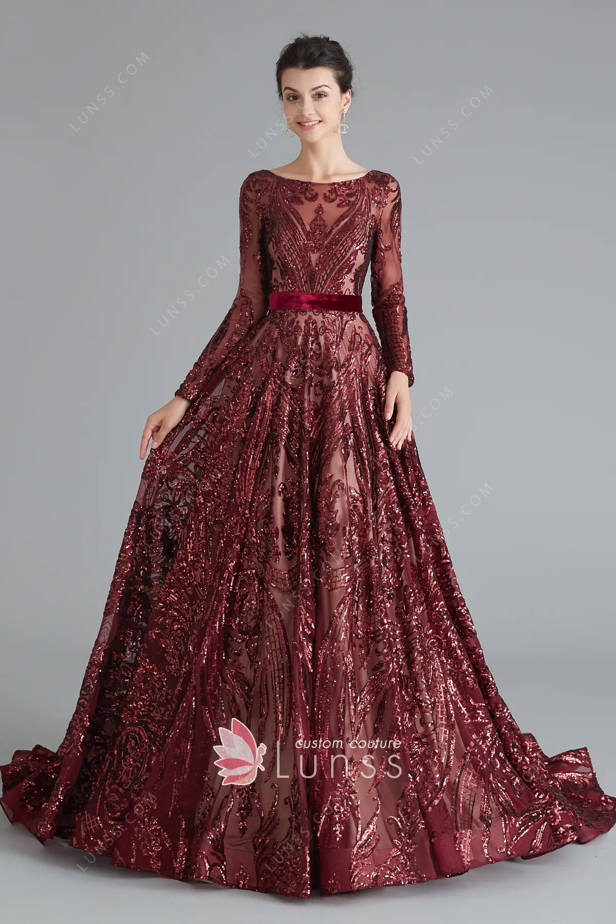Burgundy Princess Ball Gown Sparkly Glitter Prom Dress - Lunss