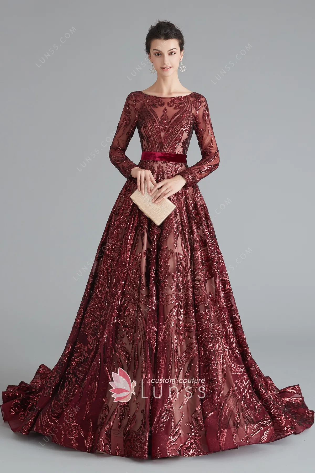 Burgundy Princess Ball Gown Sparkly Glitter Prom Dress - Lunss