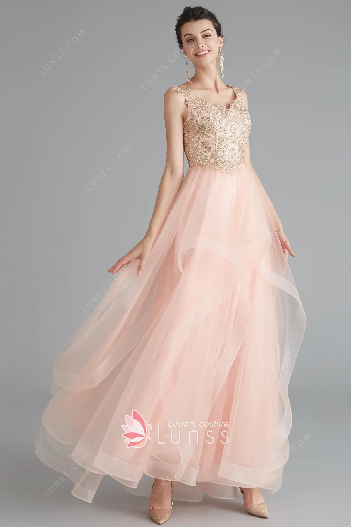 Peach Beaded Flower Lace & Tulle Long Flowy Prom Dress - Lunss