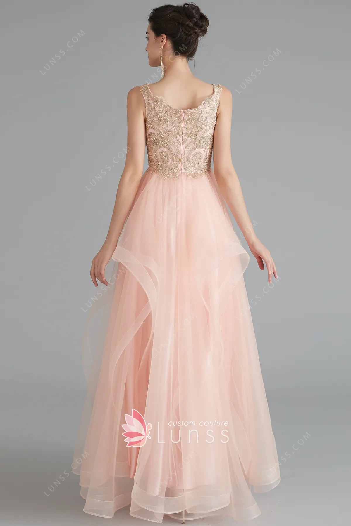 Peach Beaded Flower Lace & Tulle Long Flowy Prom Dress - Lunss