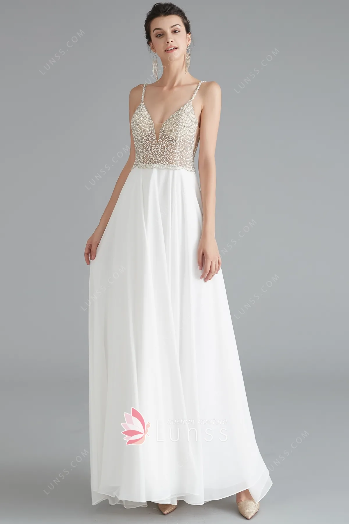 White Pearls Beaded V-neck Chiffon Evening Prom Dress - Lunss