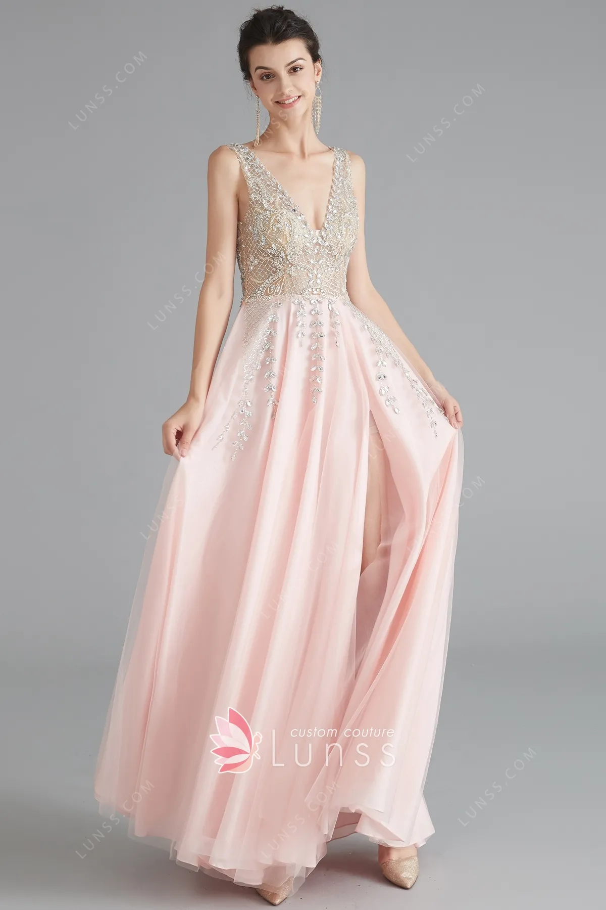 Illusion Leaf Pattern Beaded V-neck Pink Formal Dress - Lunss