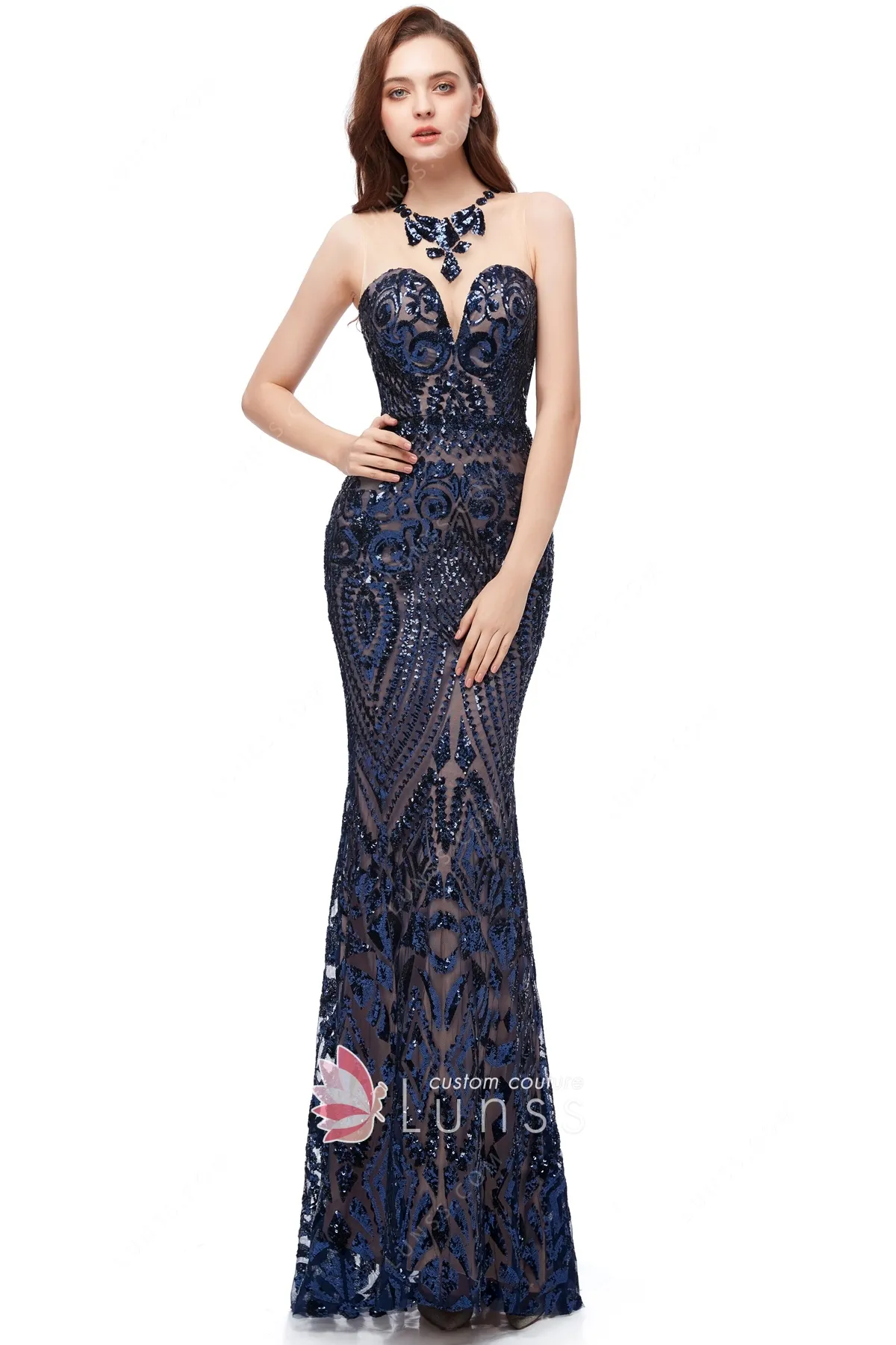 Sparkly Navy Blue Sequin Illusion Neck Mermaid Prom Dress - Lunss