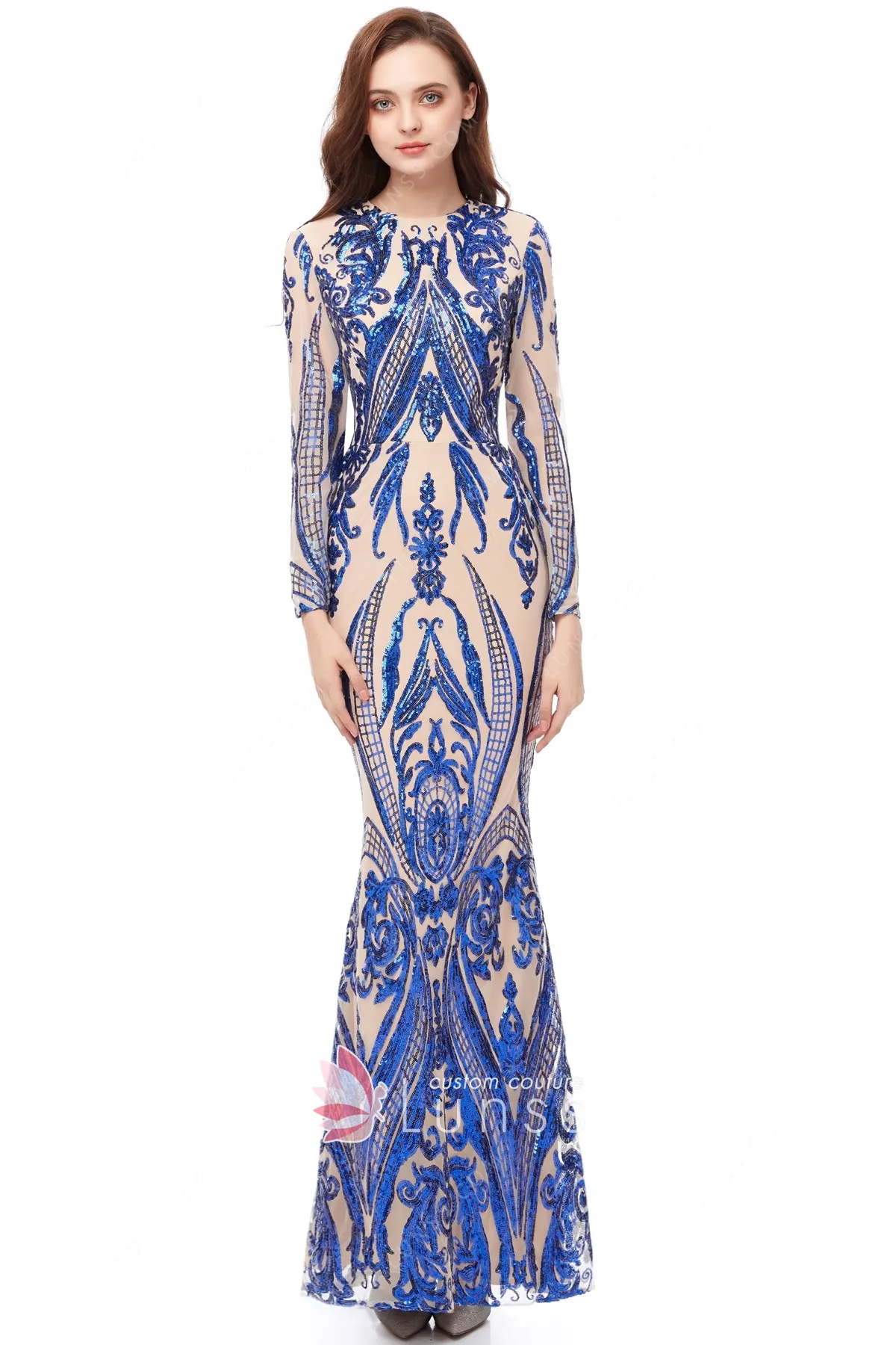 Long Sleeve Royal Blue Sequin Prom Dress with Overskirt - Lunss