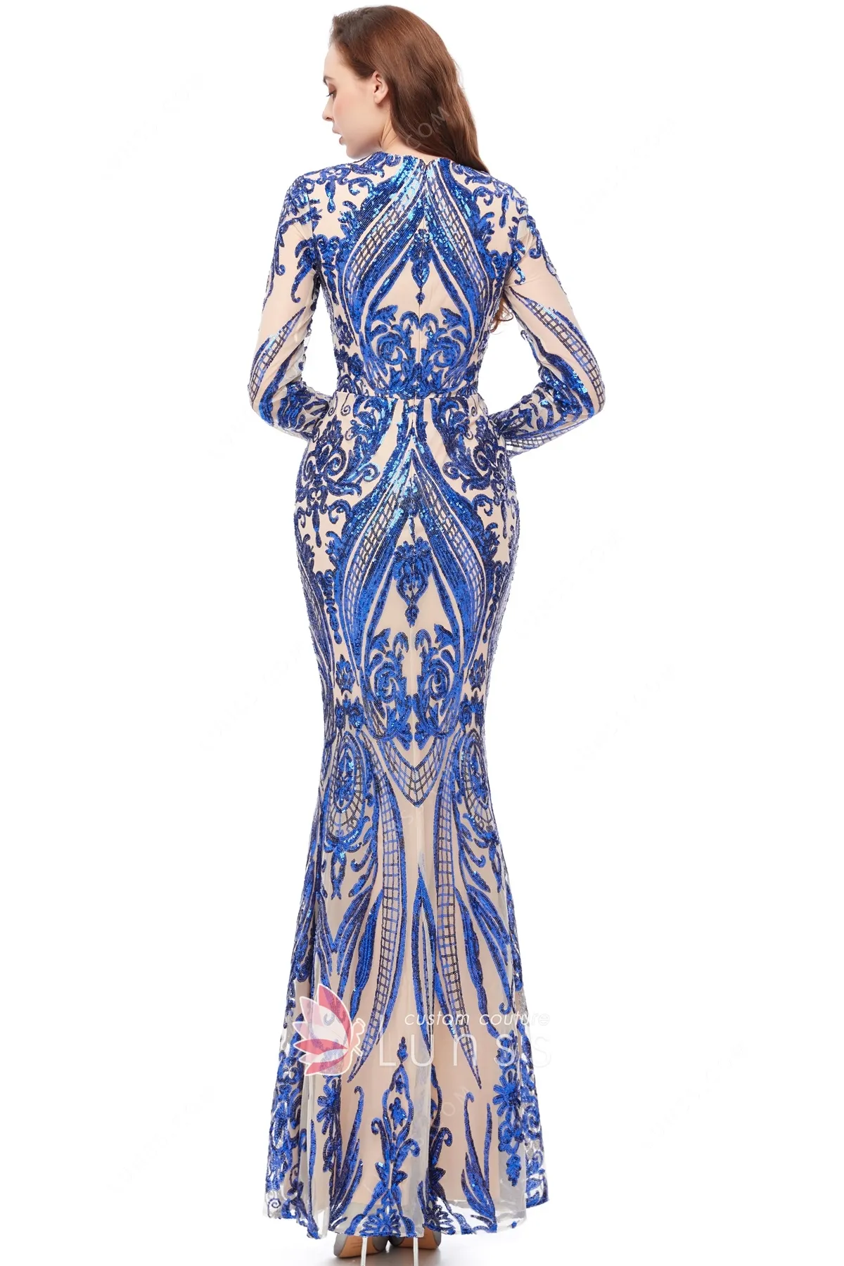 Long Sleeve Royal Blue Sequin Prom Dress with Overskirt - Lunss