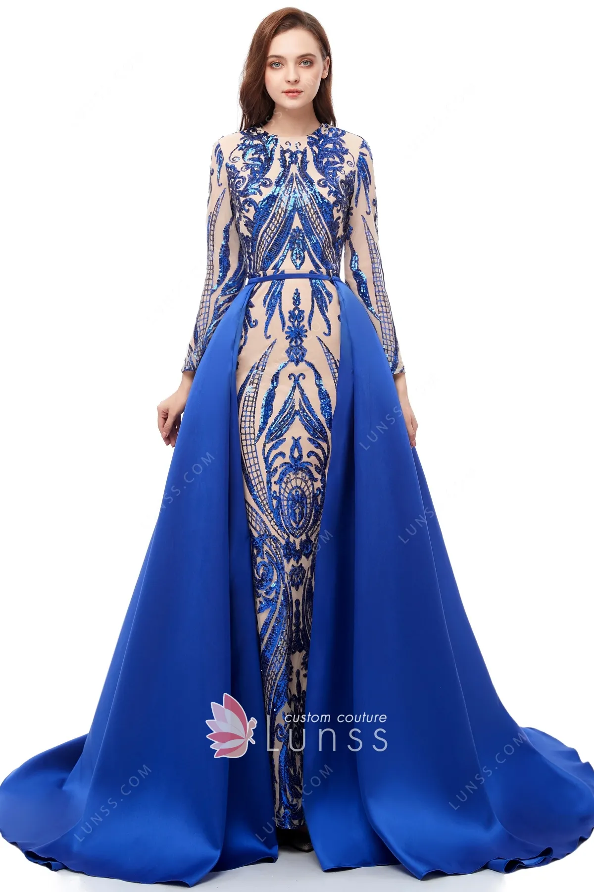 Long Sleeve Royal Blue Sequin Prom Dress with Overskirt - Lunss