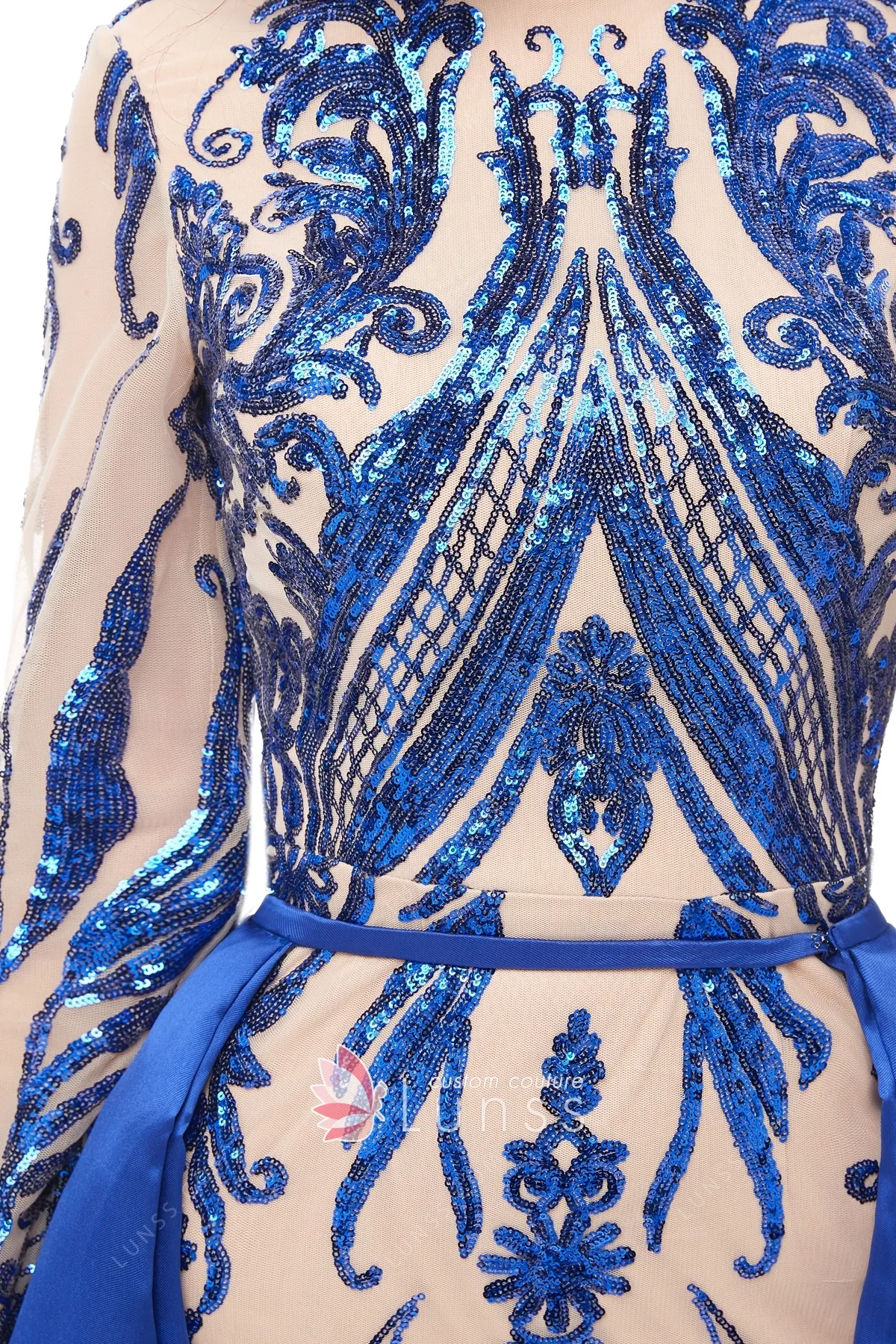 Long Sleeve Royal Blue Sequin Prom Dress with Overskirt - Lunss