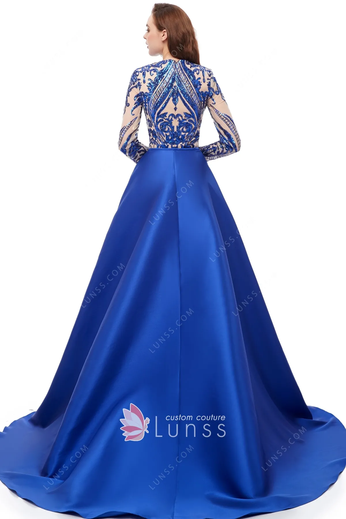Long Sleeve Royal Blue Sequin Prom Dress with Overskirt - Lunss