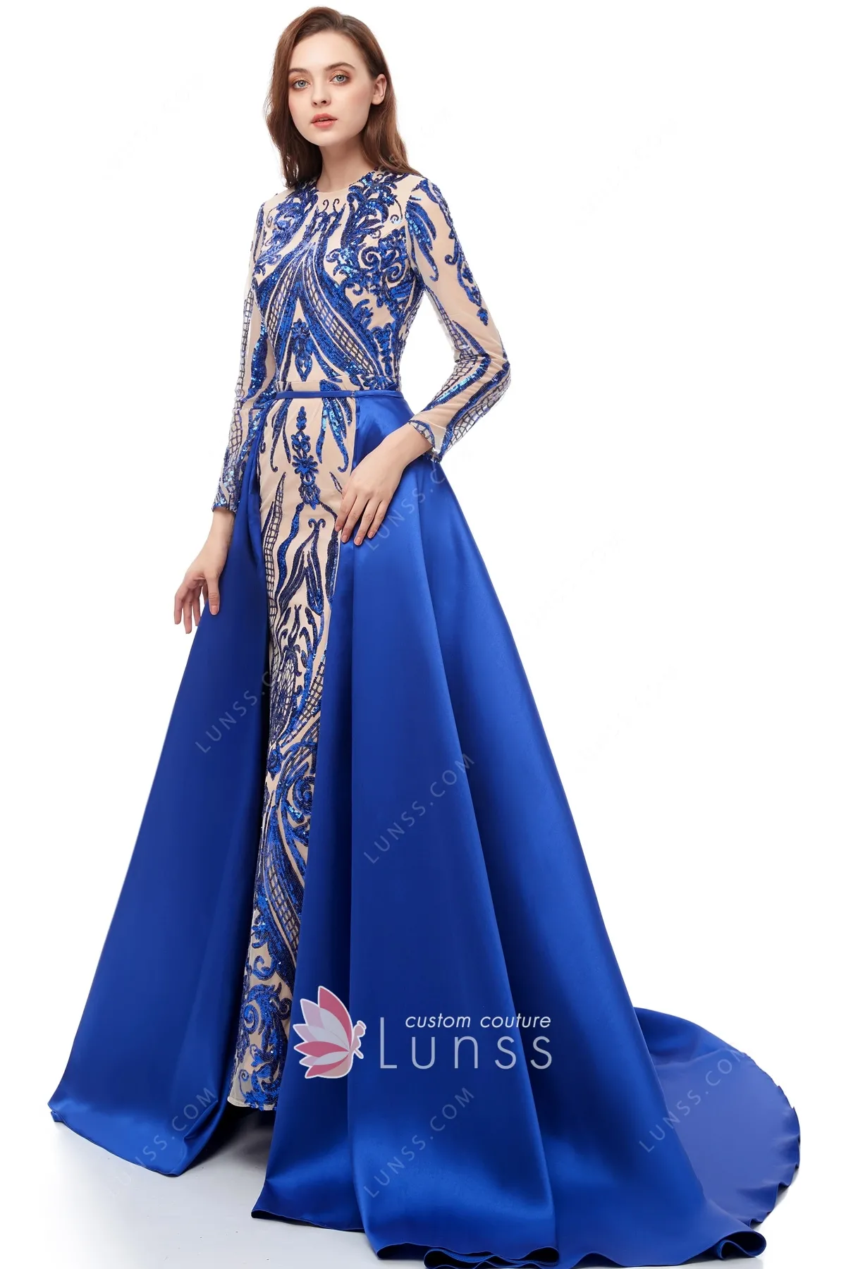 Long Sleeve Royal Blue Sequin Prom Dress with Overskirt - Lunss