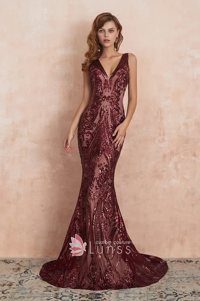 Unique V-neck Mermaid Maroon Geometric Sequin Prom Dress - Lunss