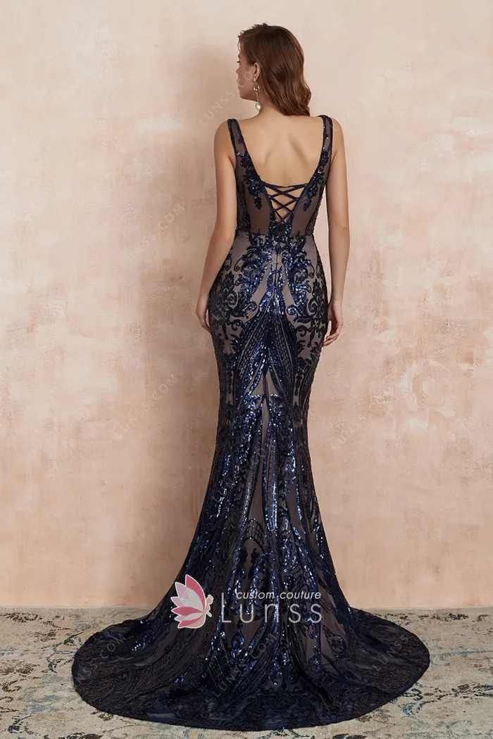 Shimmering Sequin V-neck Mermaid Navy Blue Prom Dress. - Lunss