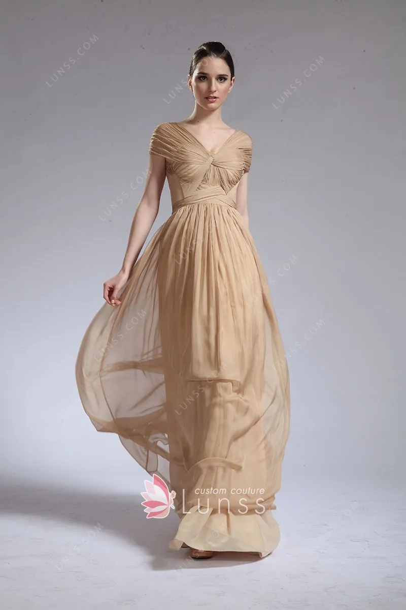 Criss-cross Pleated Champagne Chiffon Celeb Prom Dress - Lunss