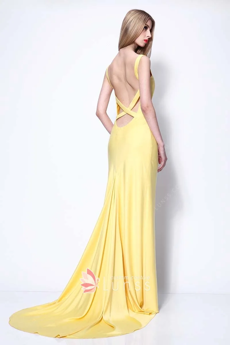 Yellow Satin V Neckline Celebrity Long Formal Dress - Lunss