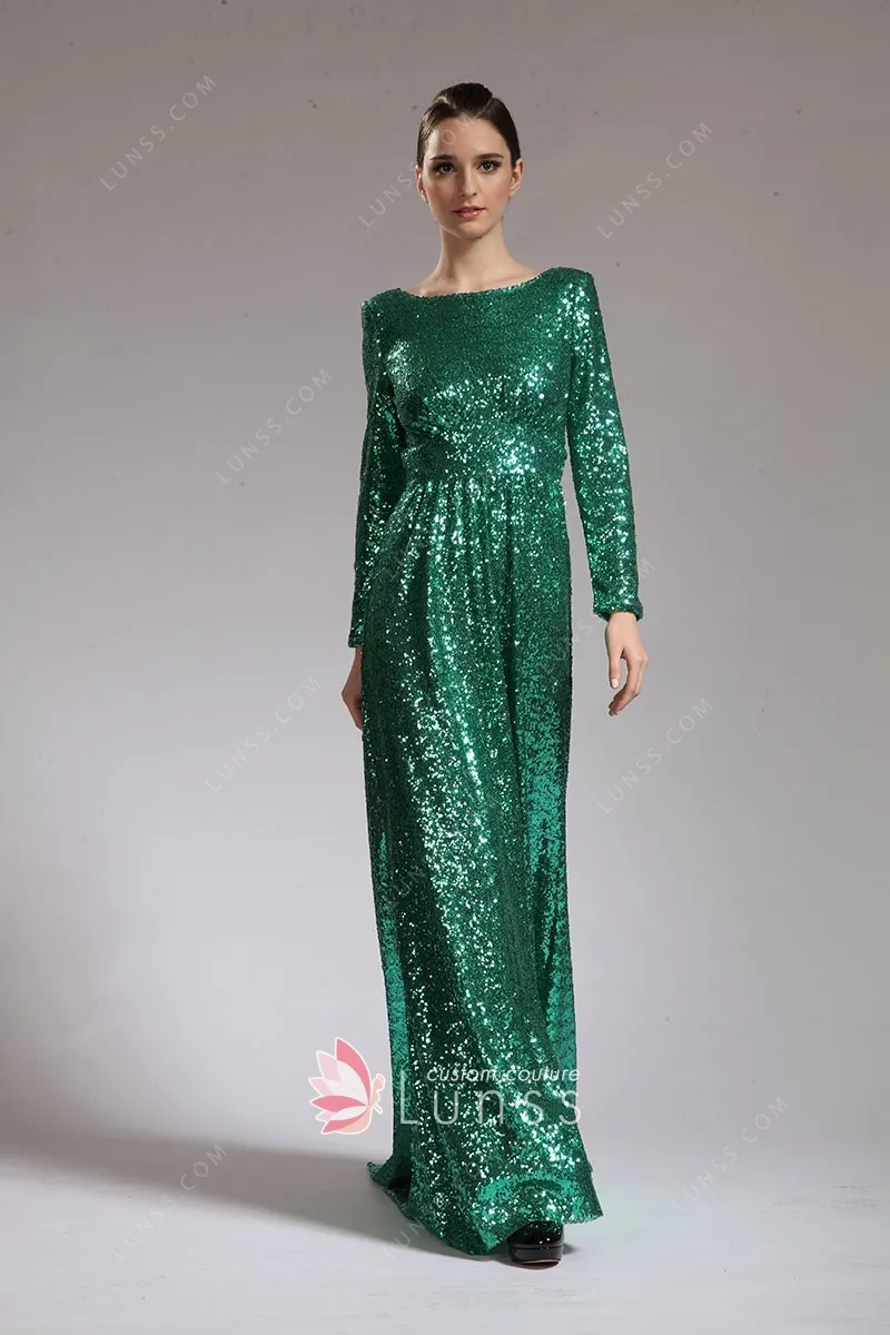 Sparkly Green Sequin Bateau Neck Long Sleeve Celeb Dress - Lunss