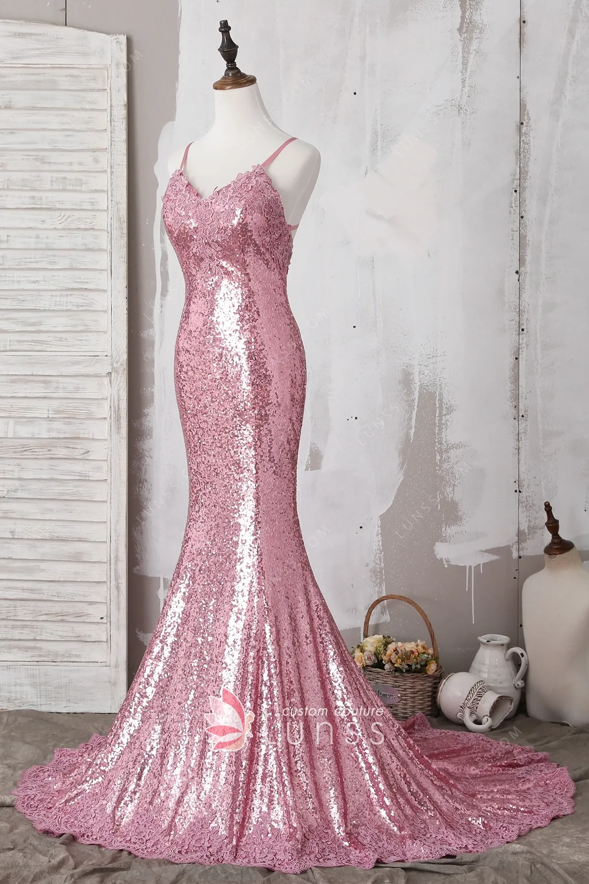 Delicate Lace Appliqued Pink Sequin Mermaid Prom Dress - Lunss
