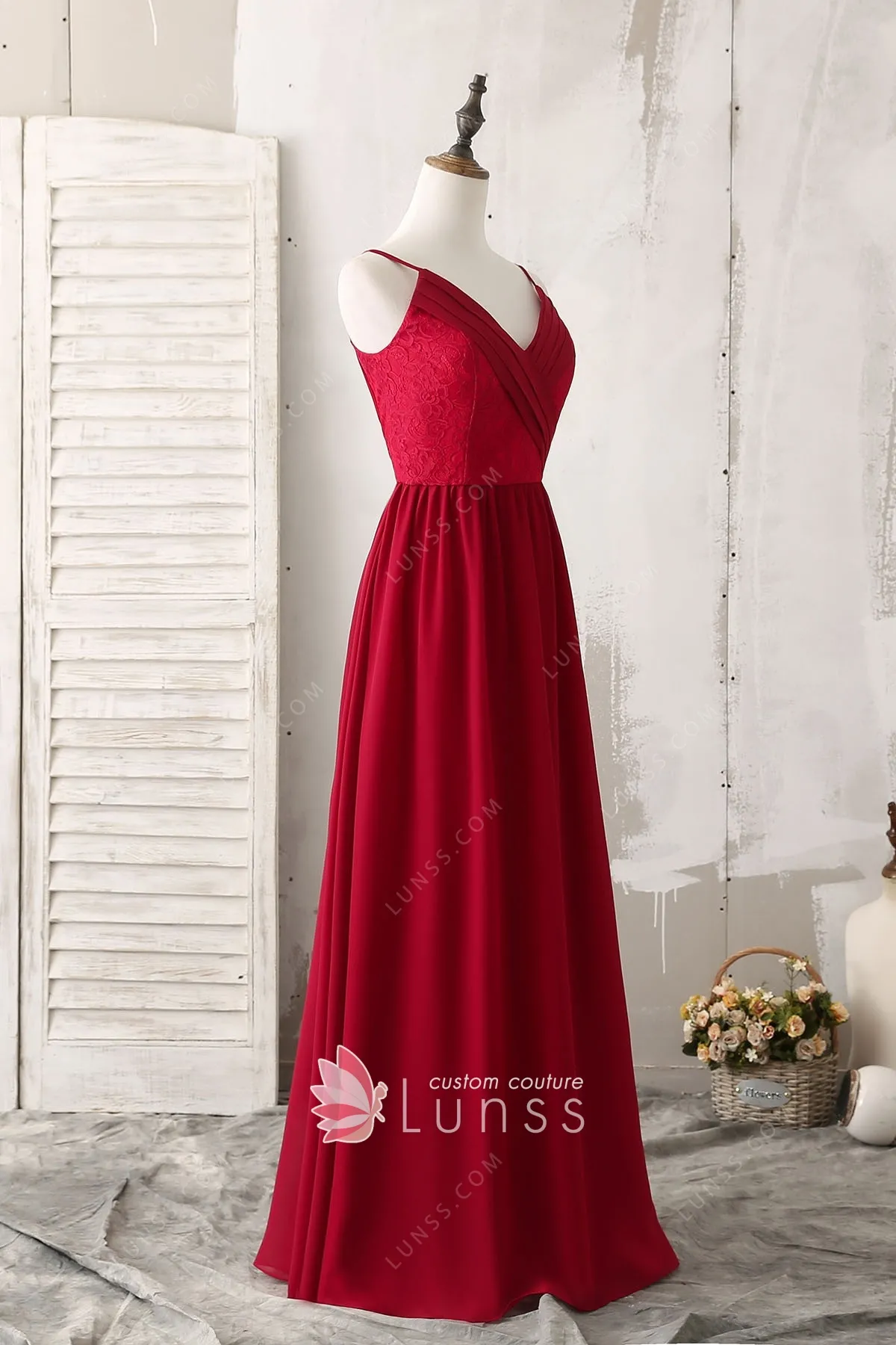 Elegant Ruby Lace and Chiffon V-neck Bridesmaid Dress - Lunss
