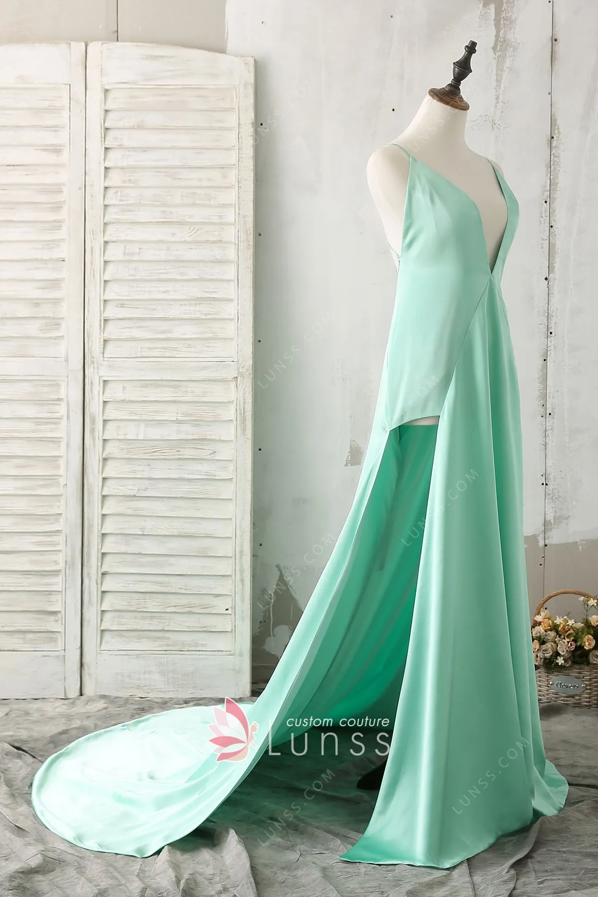 Sexy Double Slits Plunging Neckline Mint Satin Prom Dress - Lunss