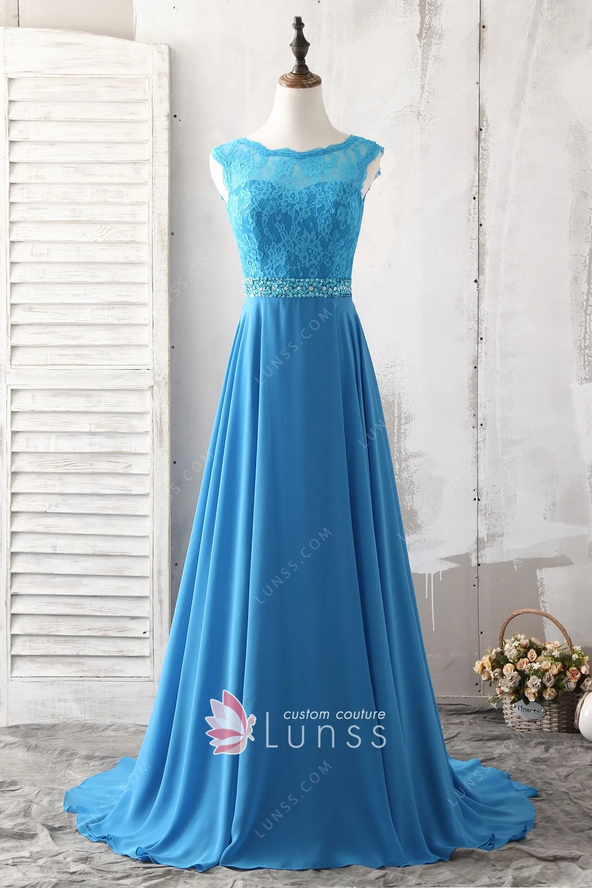 Fashion Beaded Ocean Blue Lace Chiffon Bridesmaid Dress - Lunss