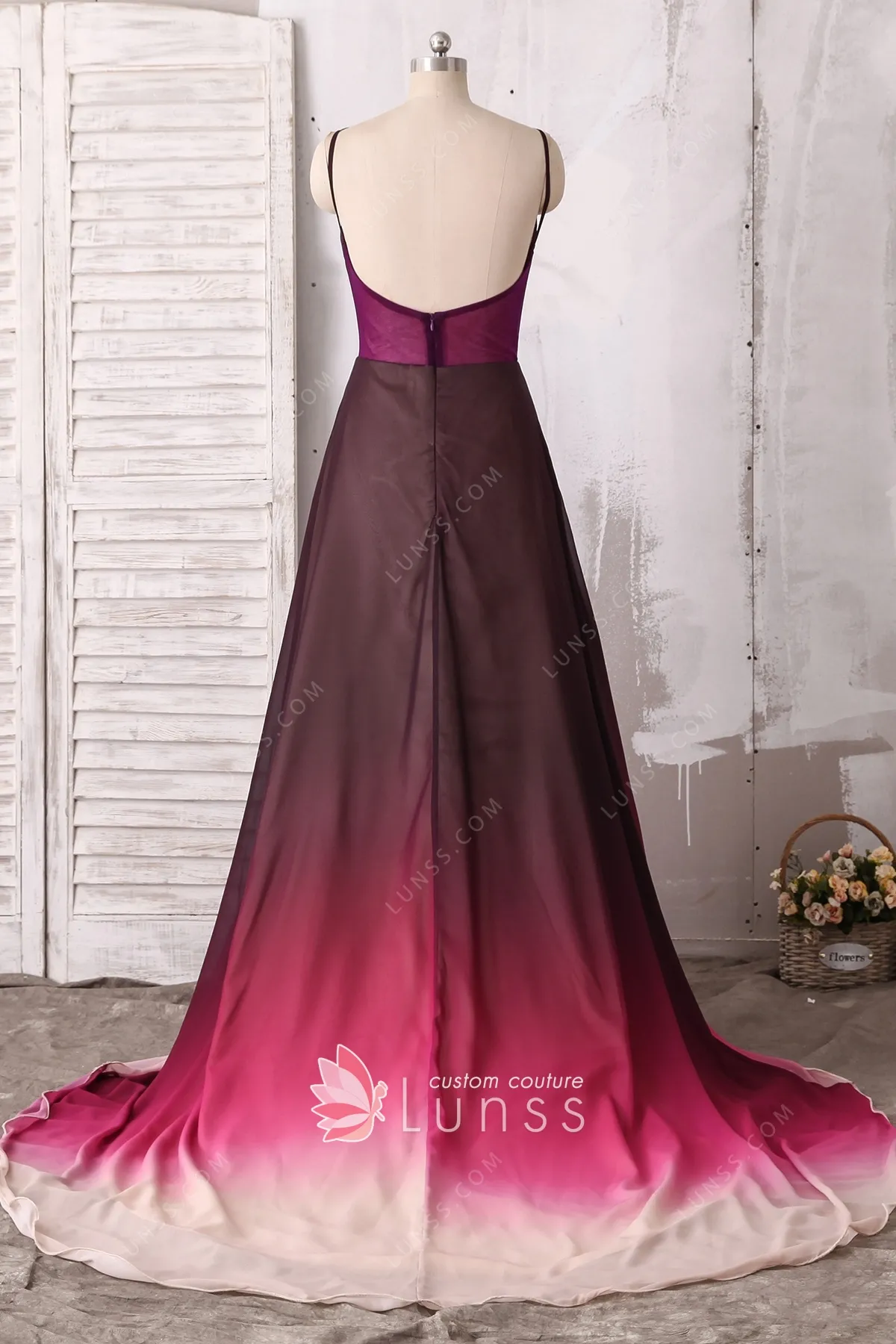 Burgundy Ombre Chiffon Plunging Neck Long Train Prom Gown - Lunss