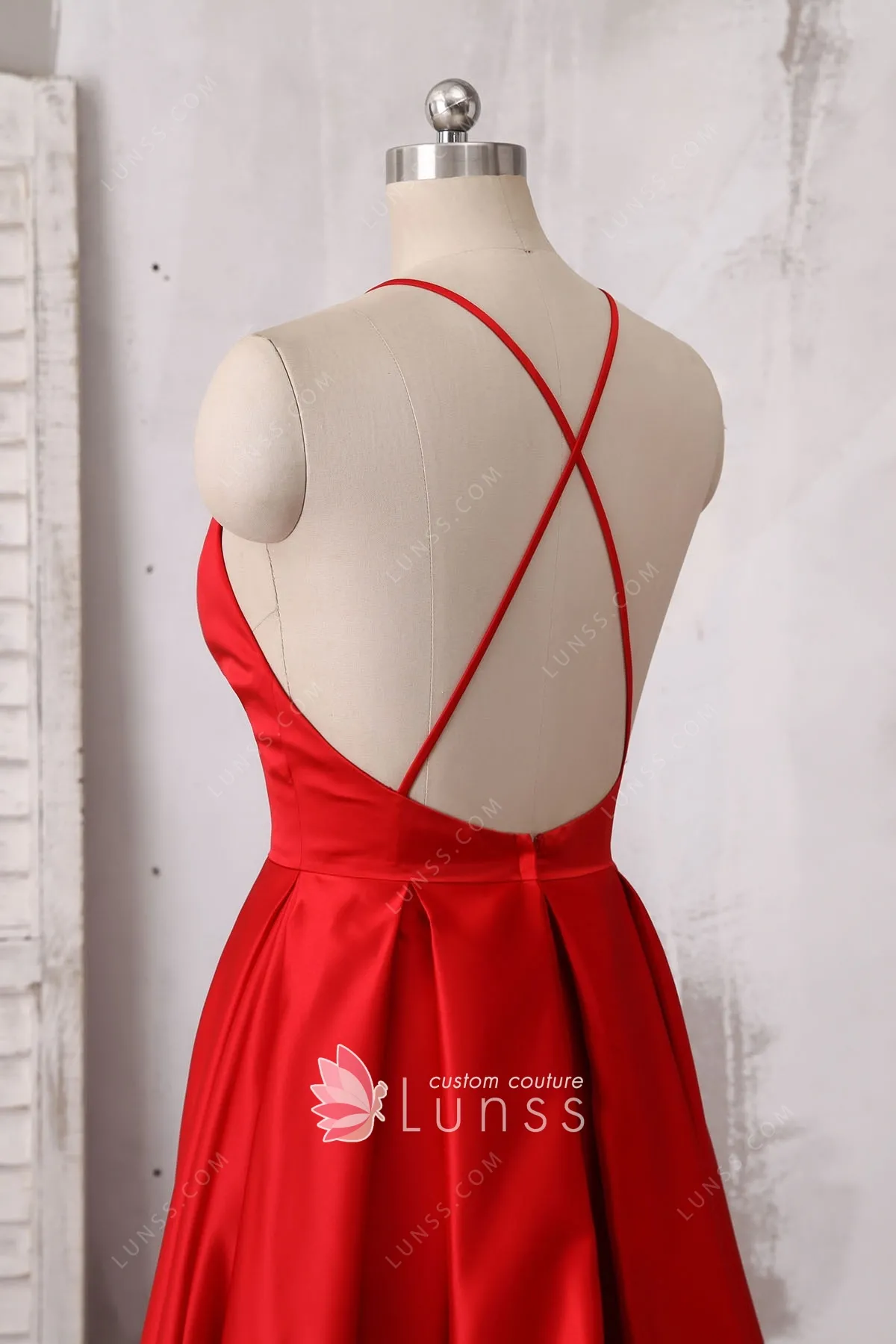 Celebrity Inspired Red Satin Spaghetti Strap Simple Dress - Lunss