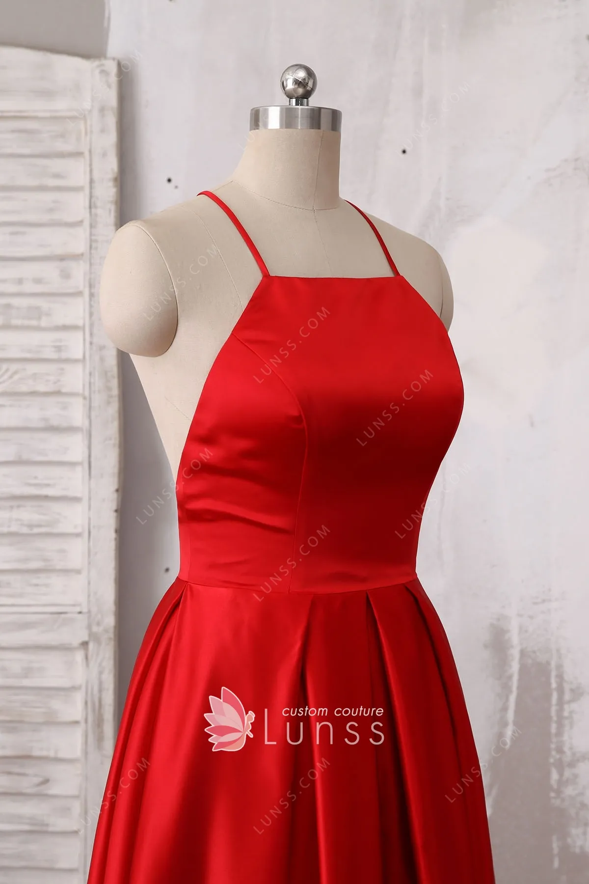 Celebrity Inspired Red Satin Spaghetti Strap Simple Dress - Lunss