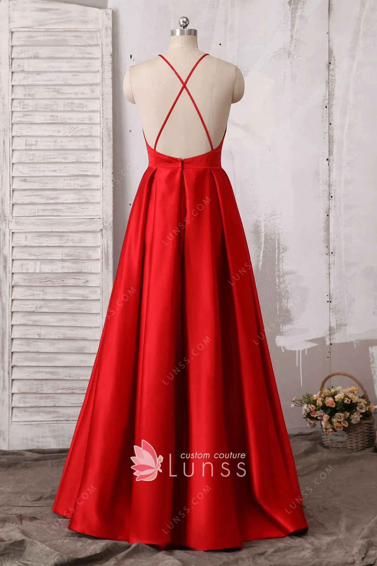 Celebrity Inspired Red Satin Spaghetti Strap Simple Dress - Lunss