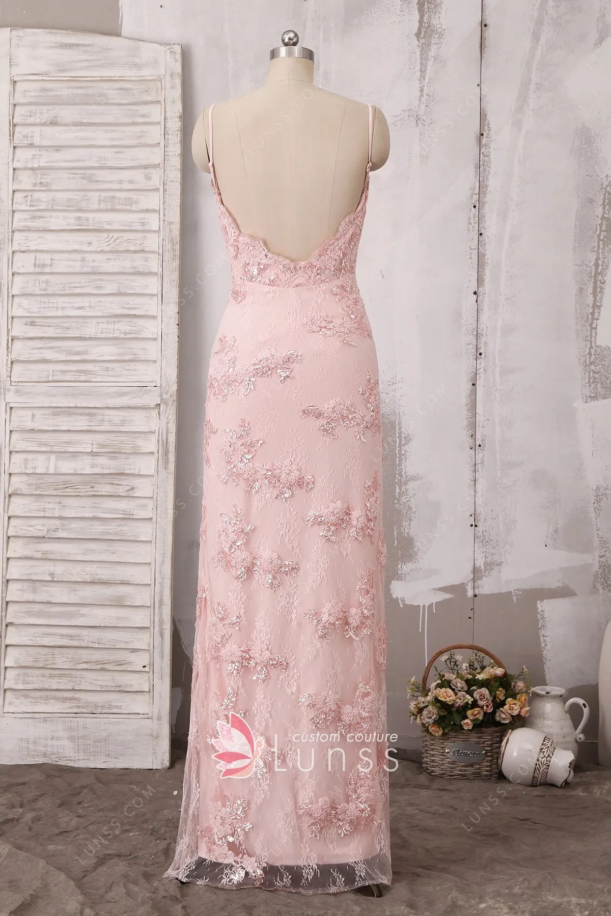 Baby Pink Beaded Scalloped Lace Slit Fancy Evening Dress - Lunss