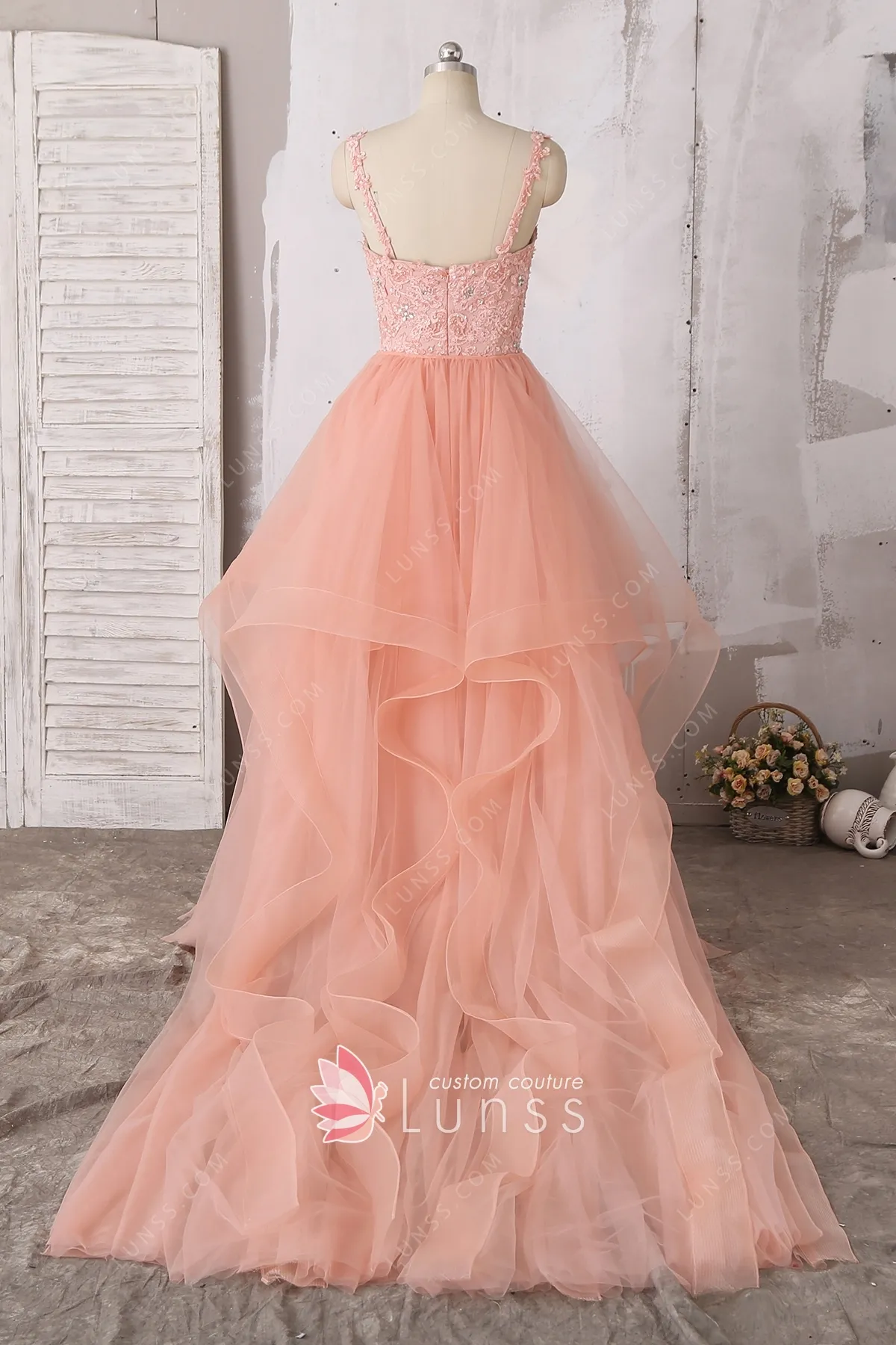 Beaded Sweetheart Peach Flounce Layered Tulle Prom Dress - Lunss