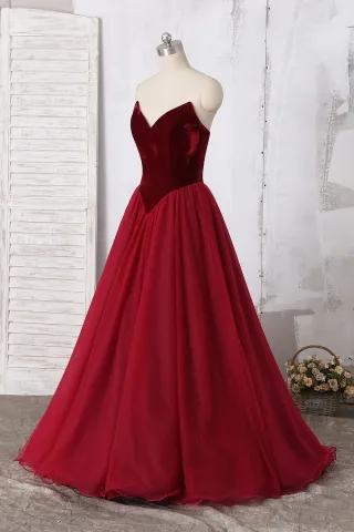 Burgundy Velvet Red Tulle Basque Waist Prom Dress - Lunss