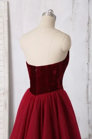 Burgundy Velvet Red Tulle Basque Waist Prom Dress - Lunss