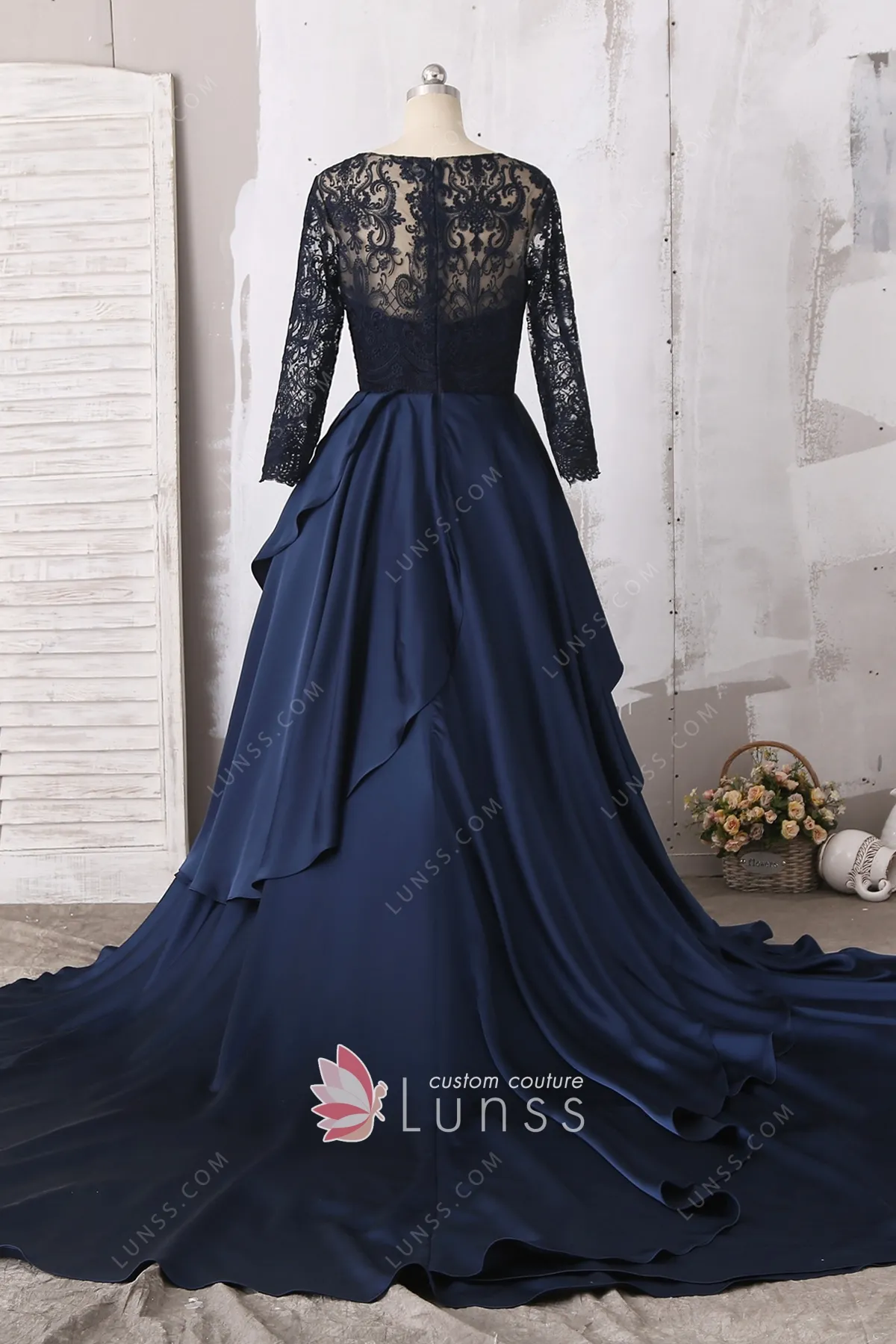 Illusion Navy Lace Long Sleeve Layered Satin Formal Gown - Lunss