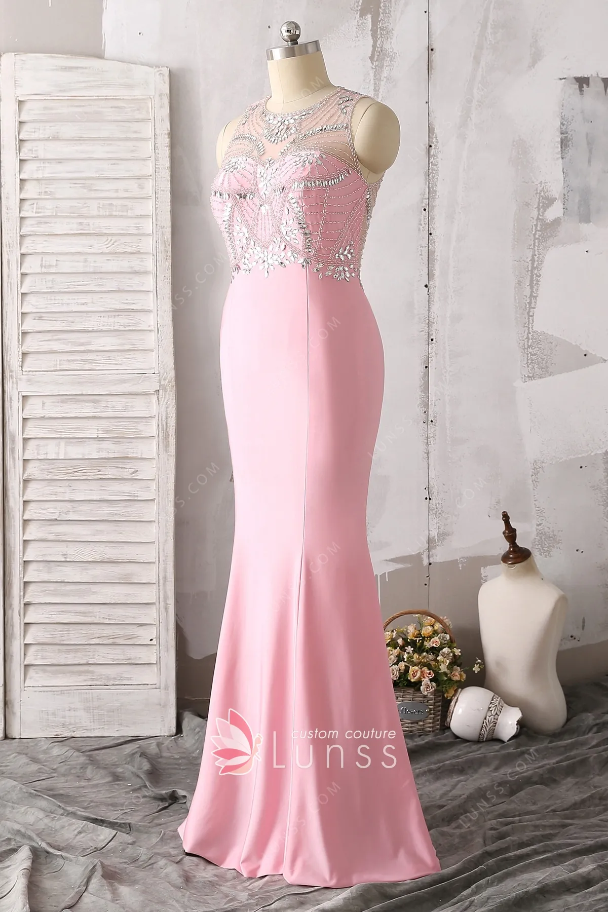 Crystals Beaded Pink Mermaid Long Fancy Prom Dress - Lunss