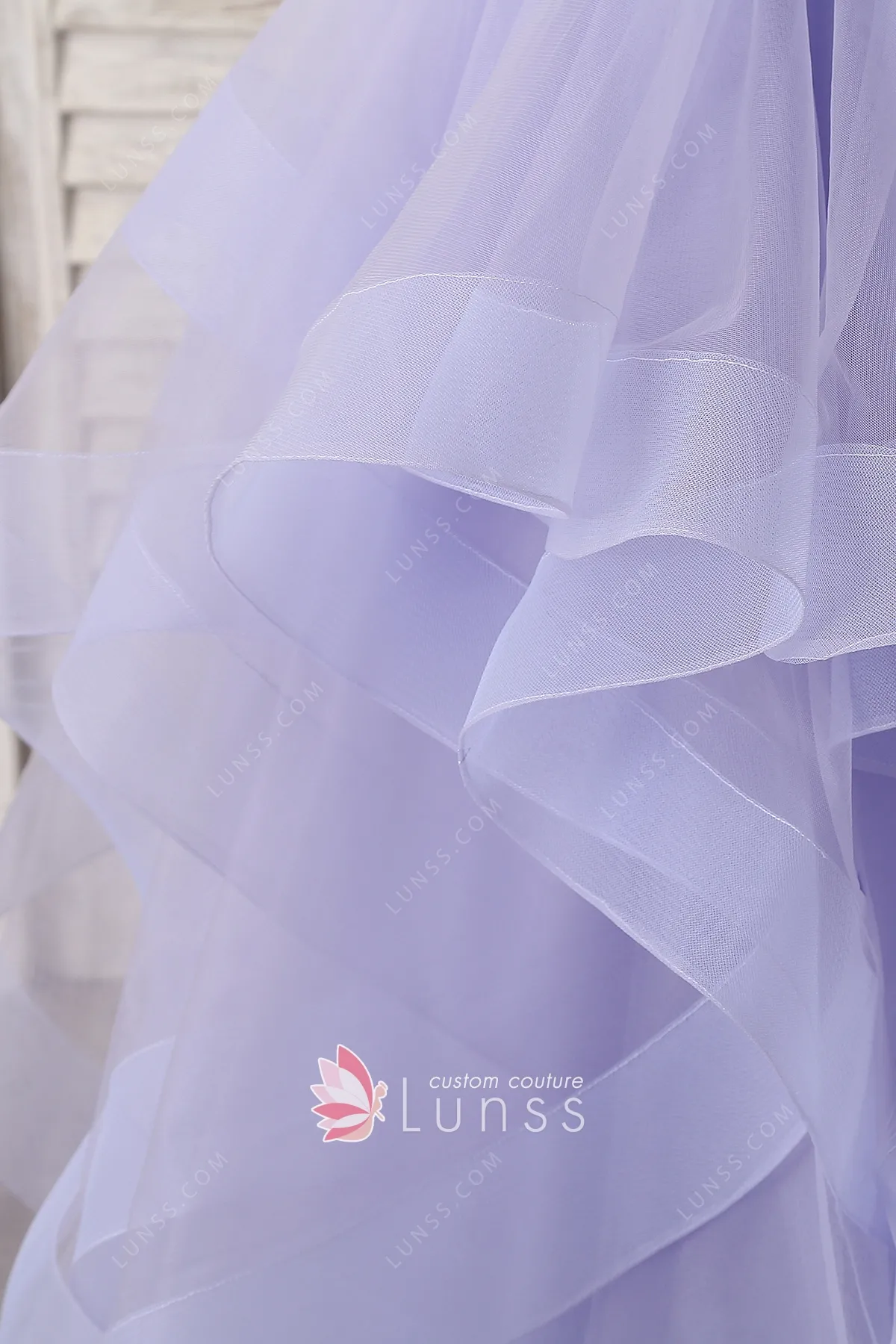Lavender Flounced Tulle V-neck Thin Straps Prom Dress - Lunss