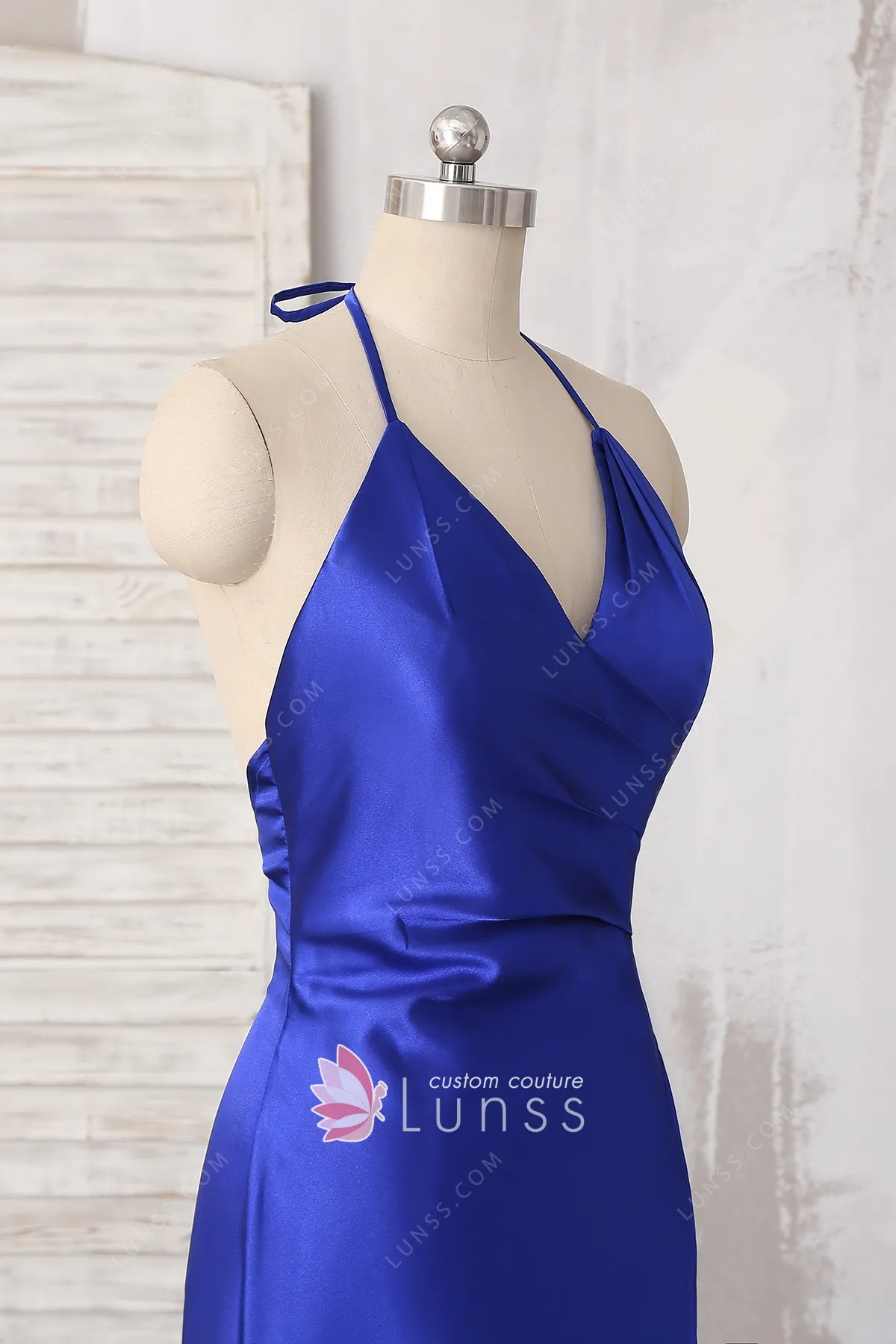 Royal Blue V-neck Sexy Slit Halter Evening Prom Dress - Lunss