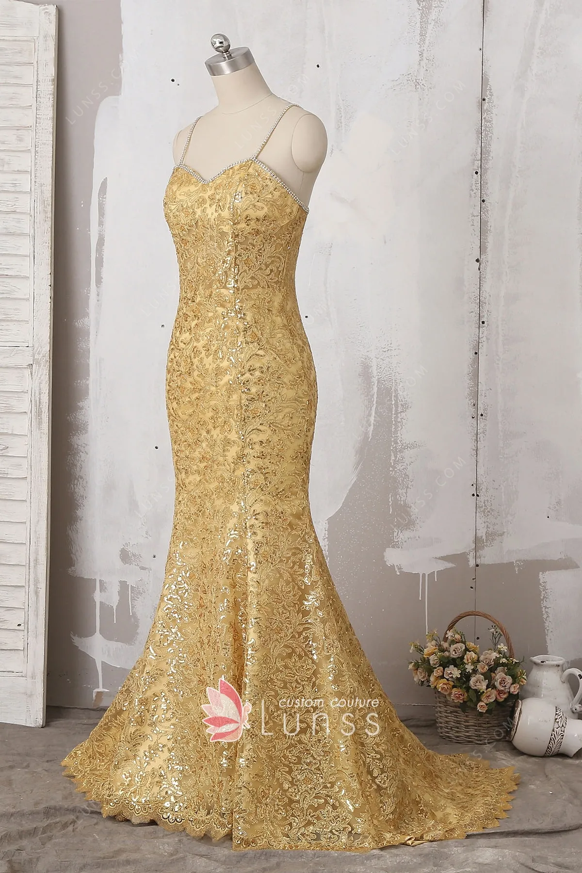 Beaded Strap Gold Floral Sequin Glitter Mermaid Prom Gown - Lunss