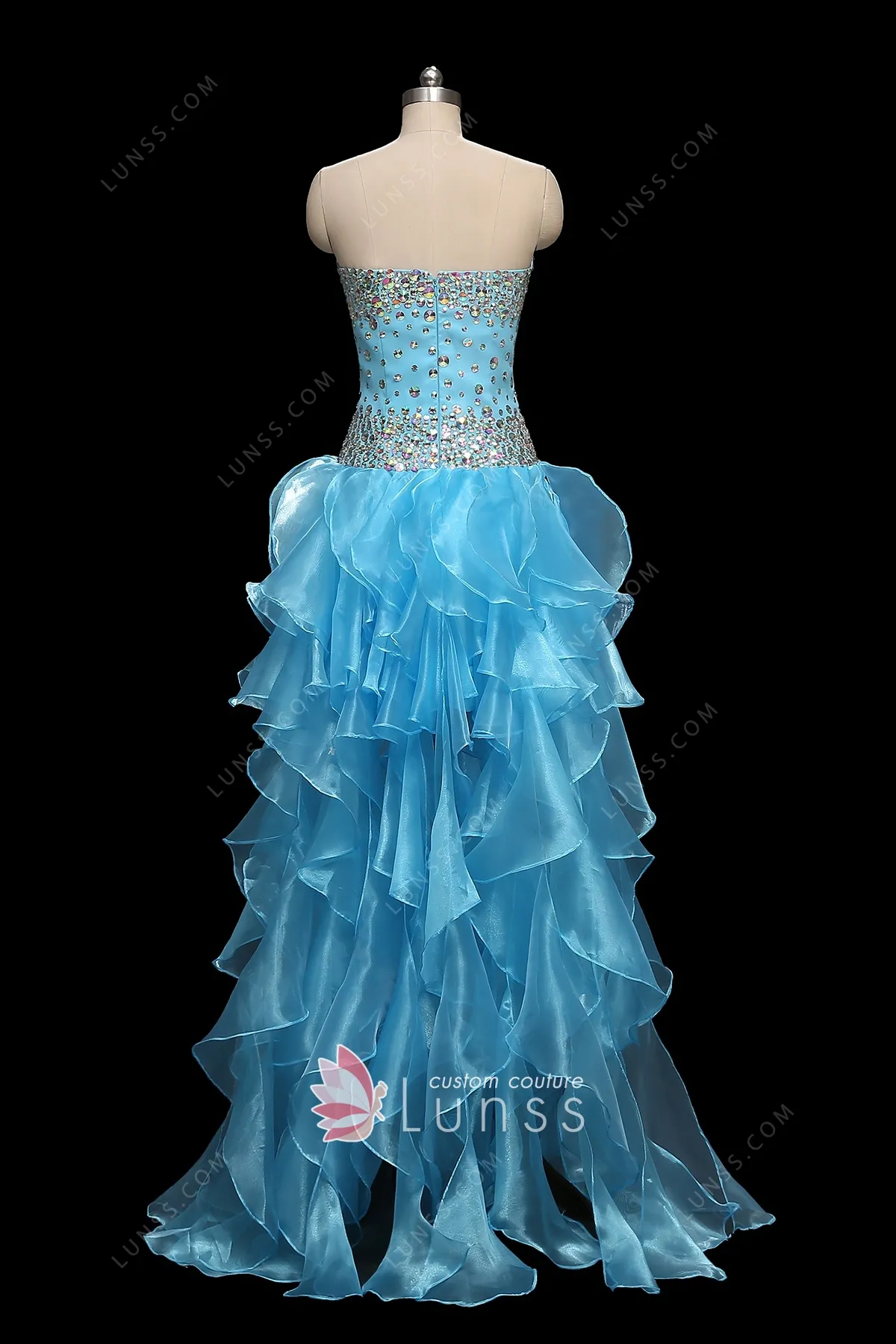 Diamond Beaded Ruffled Blue Organza Strapless Prom Dress - Lunss